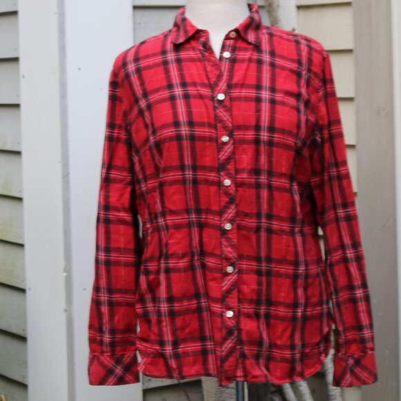 Talbots | Tops | Talbots Red Black Gold Metallic Thread Classic Button ...